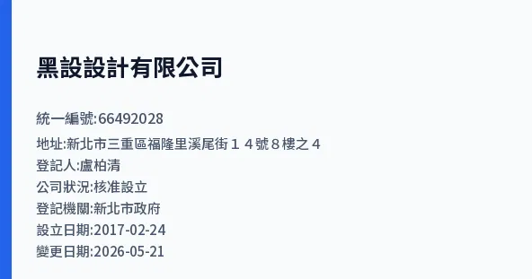 黑設設計有限公司的照片-統編 66492028(新北市) 公司登記資料與營業項目詳細圖表