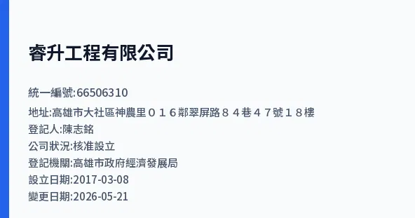 睿升工程有限公司的照片-統編 66506310(高雄市) 公司登記資料與營業項目詳細圖表