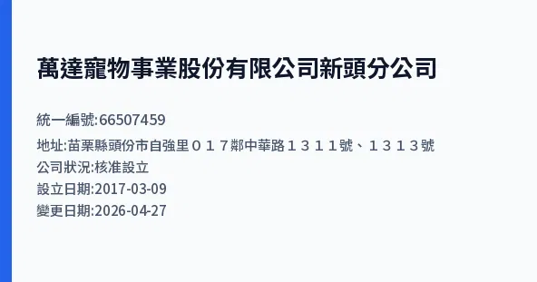 萬達寵物事業股份有限公司新頭分公司的照片-統編 66507459(苗栗縣) 公司登記資料與營業項目詳細圖表