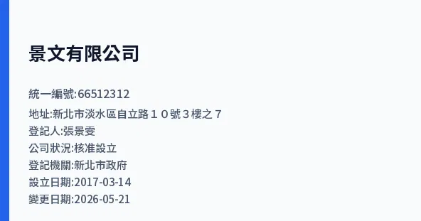 景文有限公司的照片-統編 66512312(新北市) 公司登記資料與營業項目詳細圖表