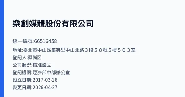樂創媒體股份有限公司的照片-統編 66516458(臺北市) 公司登記資料與營業項目詳細圖表