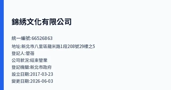 錦綉文化有限公司的照片-統編 66526863(新北市) 公司登記資料與營業項目詳細圖表
