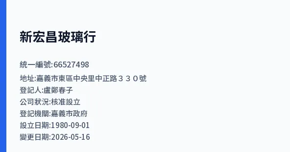 新宏昌玻璃行的照片-統編 66527498(嘉義市) 公司登記資料與營業項目詳細圖表