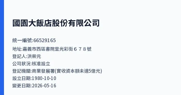 國園大飯店股份有限公司的照片-統編 66529165(嘉義市) 公司登記資料與營業項目詳細圖表