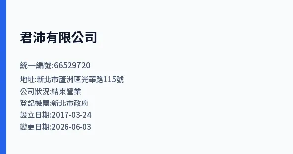 君沛有限公司的照片-統編 66529720(新北市) 公司登記資料與營業項目詳細圖表