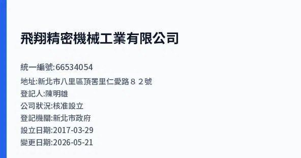 飛翔精密機械工業有限公司的照片-統編 66534054(新北市) 公司登記資料與營業項目詳細圖表