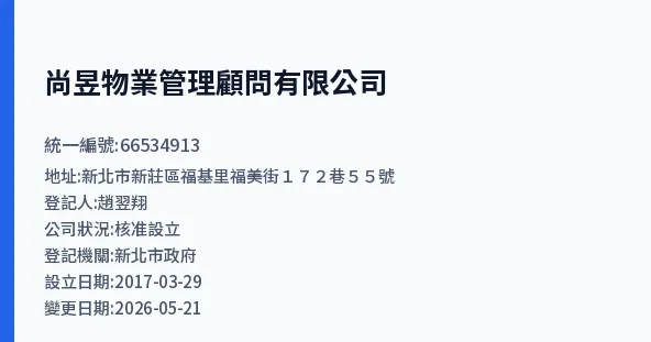 尚昱物業管理顧問有限公司的照片-統編 66534913(新北市) 公司登記資料與營業項目詳細圖表