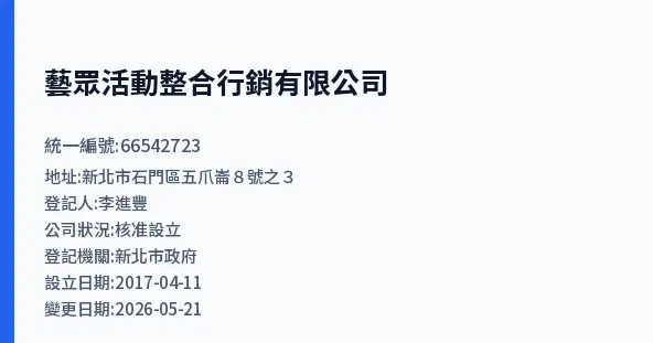 藝眾活動整合行銷有限公司的照片-統編 66542723(新北市) 公司登記資料與營業項目詳細圖表