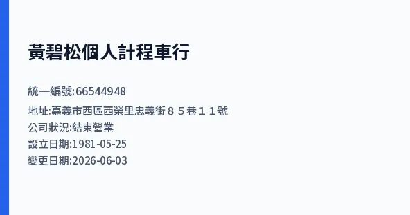 黃碧松個人計程車行的照片-統編 66544948(嘉義市) 公司登記資料與營業項目詳細圖表