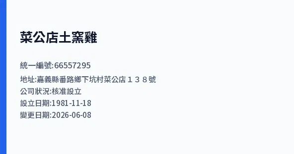 菜公店土窯雞的照片-統編 66557295(嘉義縣) 公司登記資料與營業項目詳細圖表