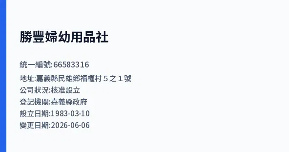勝豐婦幼用品社的照片-統編 66583316(嘉義縣) 公司登記資料與營業項目詳細圖表