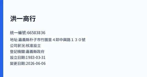 洪一商行的照片-統編 66583836(嘉義縣) 公司登記資料與營業項目詳細圖表