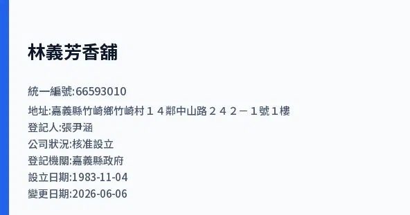 林義芳香舖的照片-統編 66593010(嘉義縣) 公司登記資料與營業項目詳細圖表