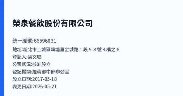 榮泉餐飲股份有限公司的照片-統編 66596831(新北市) 公司登記資料與營業項目詳細圖表