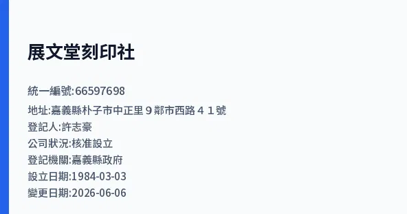 展文堂刻印社的照片-統編 66597698(嘉義縣) 公司登記資料與營業項目詳細圖表