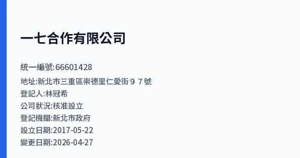 一七合作有限公司的照片-統編 66601428(新北市) 公司登記資料與營業項目詳細圖表
