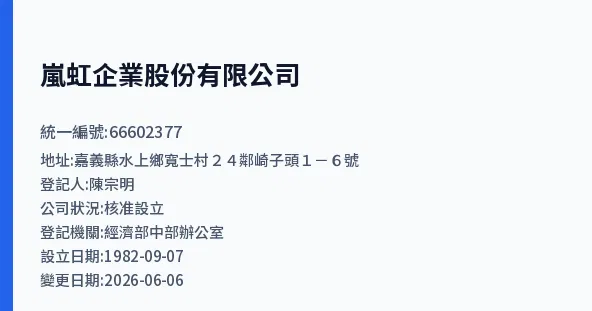 嵐虹企業股份有限公司的照片-統編 66602377(嘉義縣) 公司登記資料與營業項目詳細圖表