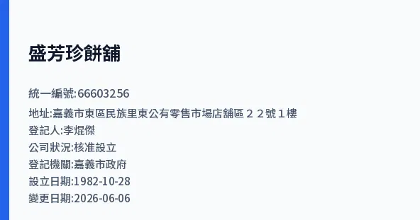 盛芳珍餅舖的照片-統編 66603256(嘉義市) 公司登記資料與營業項目詳細圖表