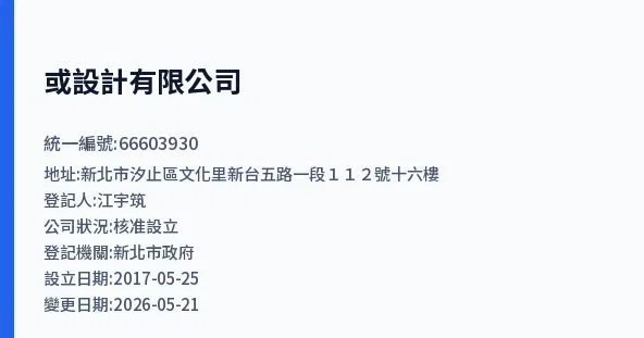 或設計有限公司的照片-統編 66603930(新北市) 公司登記資料與營業項目詳細圖表