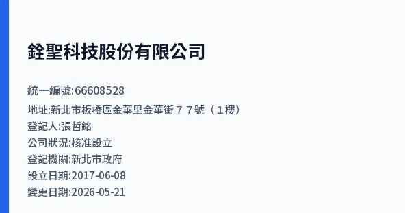 銓聖科技股份有限公司的照片-統編 66608528(新北市) 公司登記資料與營業項目詳細圖表