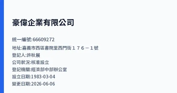 豪偉企業有限公司的照片-統編 66609272(嘉義市) 公司登記資料與營業項目詳細圖表