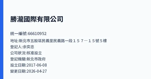 勝瀧國際有限公司的照片-統編 66610952(新北市) 公司登記資料與營業項目詳細圖表