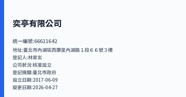奕亭有限公司的照片-統編 66611642(臺北市) 公司登記資料與營業項目詳細圖表