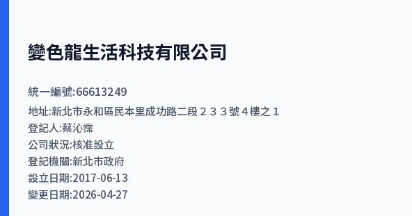 變色龍生活科技有限公司的照片-統編 66613249(新北市) 公司登記資料與營業項目詳細圖表