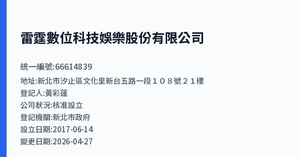雷霆數位科技娛樂股份有限公司的照片-統編 66614839(新北市) 公司登記資料與營業項目詳細圖表