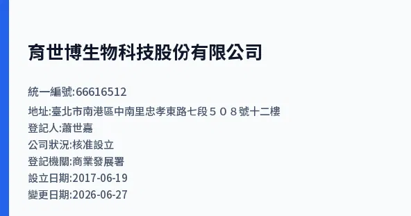 育世博生物科技股份有限公司的照片-統編 66616512(臺北市) 公司登記資料與營業項目詳細圖表