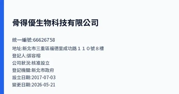 骨得優生物科技有限公司的照片-統編 66626758(新北市) 公司登記資料與營業項目詳細圖表