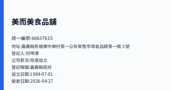 美而美食品舖的照片-統編 66637615(嘉義縣) 公司登記資料與營業項目詳細圖表