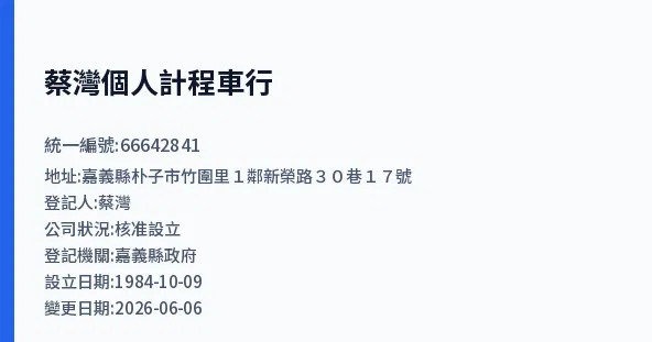 蔡灣個人計程車行的照片-統編 66642841(嘉義縣) 公司登記資料與營業項目詳細圖表
