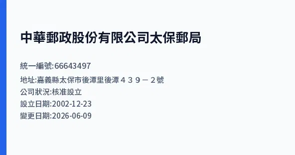 中華郵政股份有限公司太保郵局的照片-統編 66643497(嘉義縣) 公司登記資料與營業項目詳細圖表