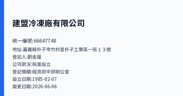 建盟冷凍廠有限公司的照片-統編 66647748(嘉義縣) 公司登記資料與營業項目詳細圖表