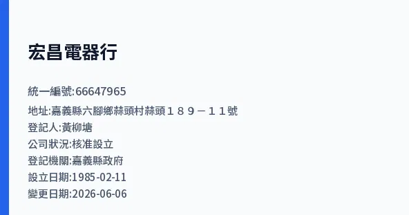宏昌電器行的照片-統編 66647965(嘉義縣) 公司登記資料與營業項目詳細圖表
