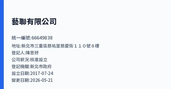 藝聯有限公司的照片-統編 66649838(新北市) 公司登記資料與營業項目詳細圖表
