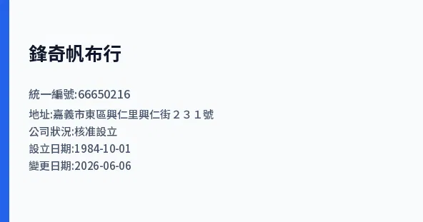 鋒奇帆布行的照片-統編 66650216(嘉義市) 公司登記資料與營業項目詳細圖表