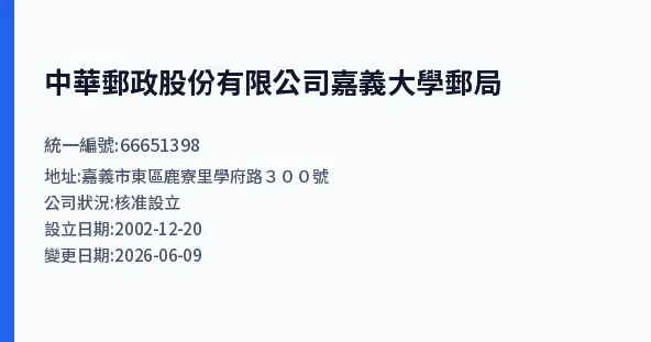 中華郵政股份有限公司嘉義大學郵局的照片-統編 66651398(嘉義市) 公司登記資料與營業項目詳細圖表