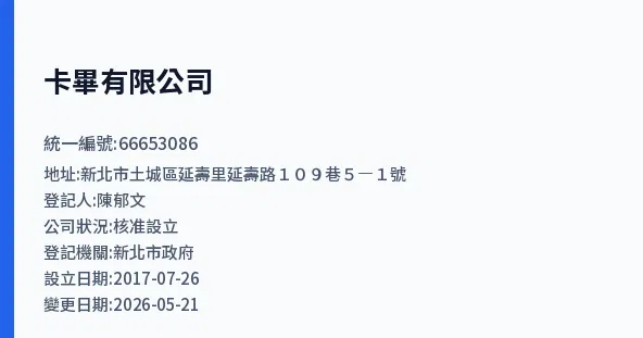 卡畢有限公司的照片-統編 66653086(新北市) 公司登記資料與營業項目詳細圖表