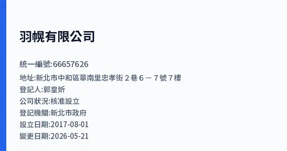 羽幌有限公司的照片-統編 66657626(新北市) 公司登記資料與營業項目詳細圖表