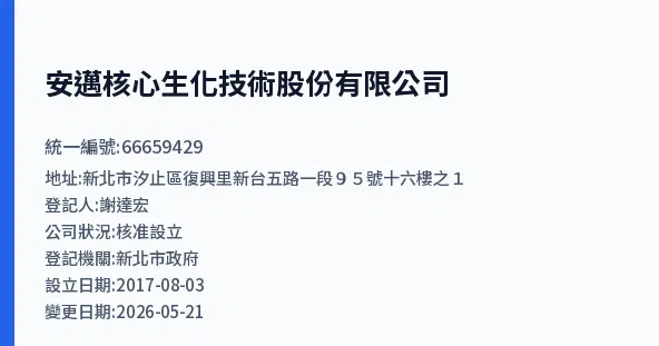 安邁核心生化技術股份有限公司的照片-統編 66659429(新北市) 公司登記資料與營業項目詳細圖表