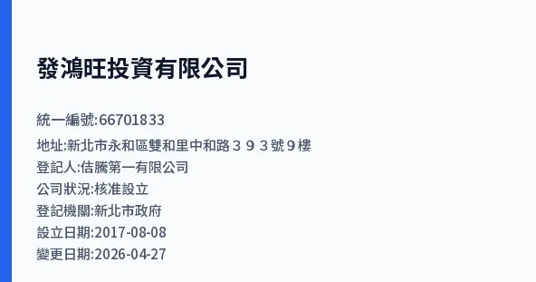 發鴻旺投資有限公司的照片-統編 66701833(新北市) 公司登記資料與營業項目詳細圖表