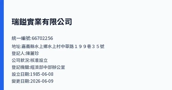 瑞鎰實業有限公司的照片-統編 66702256(嘉義縣) 公司登記資料與營業項目詳細圖表