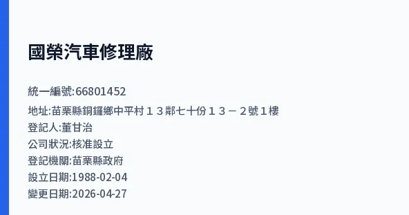 國榮汽車修理廠的照片-統編 66801452(苗栗縣) 公司登記資料與營業項目詳細圖表