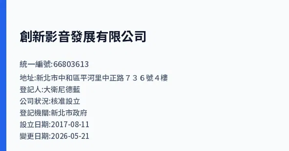 創新影音發展有限公司的照片-統編 66803613(新北市) 公司登記資料與營業項目詳細圖表