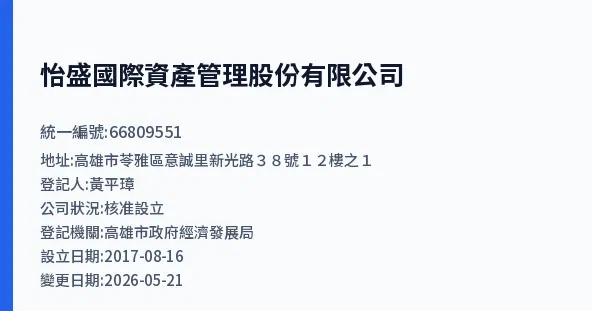 怡盛國際資產管理股份有限公司的照片-統編 66809551(高雄市) 公司登記資料與營業項目詳細圖表