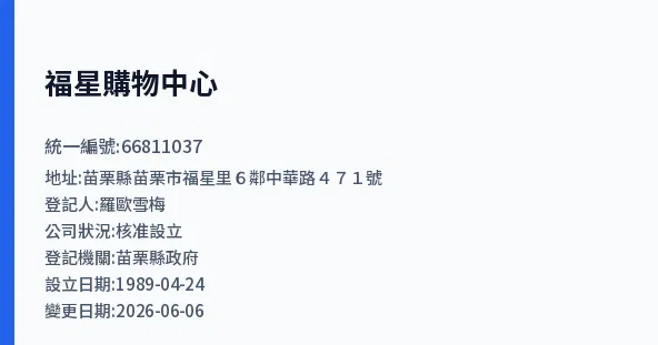 福星購物中心的照片-統編 66811037(苗栗縣) 公司登記資料與營業項目詳細圖表