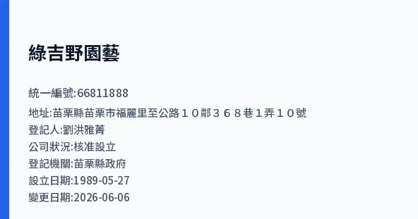綠吉野園藝的照片-統編 66811888(苗栗縣) 公司登記資料與營業項目詳細圖表