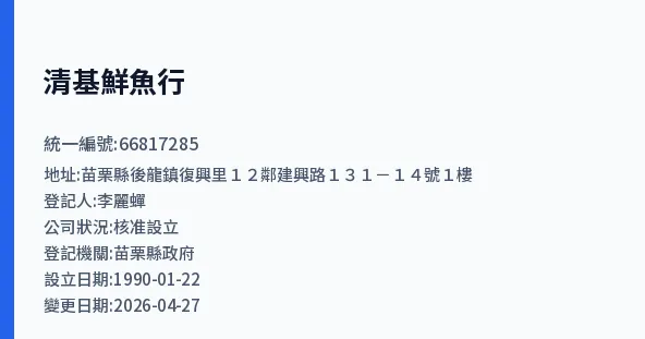 清基鮮魚行的照片-統編 66817285(苗栗縣) 公司登記資料與營業項目詳細圖表